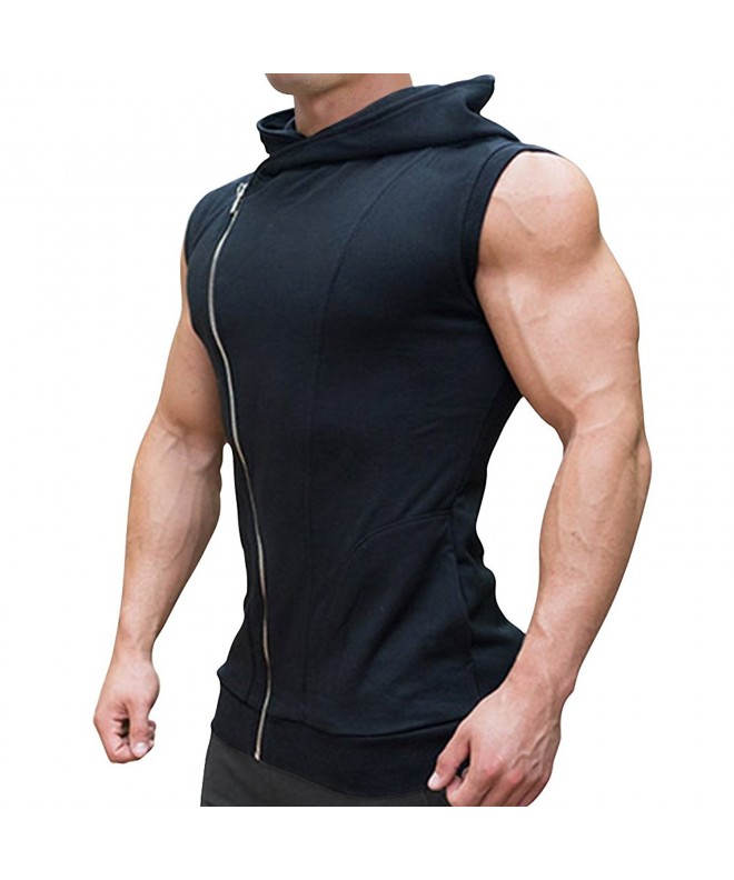 Mens Workout Gym Sleeveless Hoodie Bodybuilding Muscle Vest Black